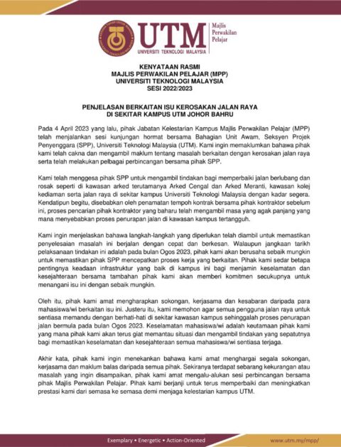 KENYATAAN RASMI BERKAITAN ISU KEROSAKAN JALAN RAYA DI SEKITAR KAMPUS ...